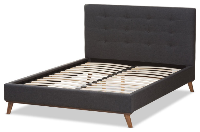 Retro Platform Bed, Wooden Frame With Angled Legs & Tufted Headboard ...