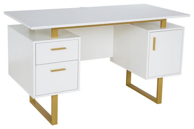 White and Gold Desk for Office with Drawers & Storage - Contemporary ...
