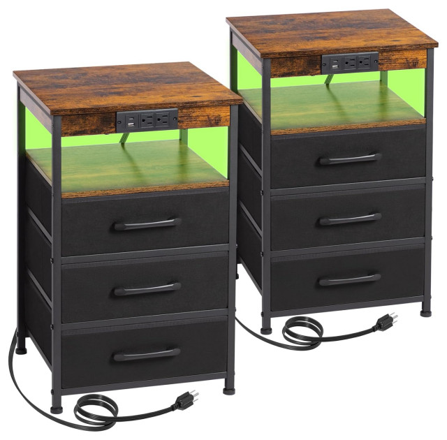 Set of 2 End Table, Storage Drawers With Metal Handles, Rustic Brown ...