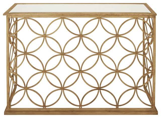Elegant Console Table, Metallic Gold Base With Ring Pattern & Beveled ...