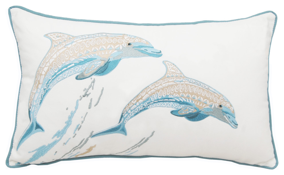 Embroidered Dolphins Indoor/Outdoor Pillow - Beach Style - Outdoor ...