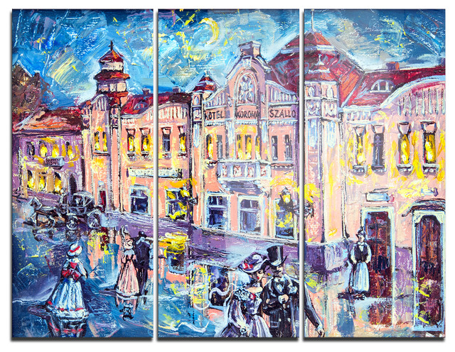 "City at Night With People" Glossy Metal Wall Art, 3 Panels, 36"x28 ...