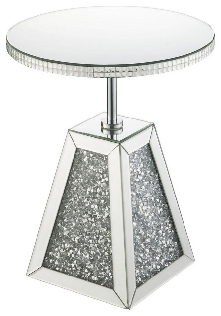 Round Mirrored Accent Table With Pedestal Base and Glass Top, Silver - Contemporary - Side ...