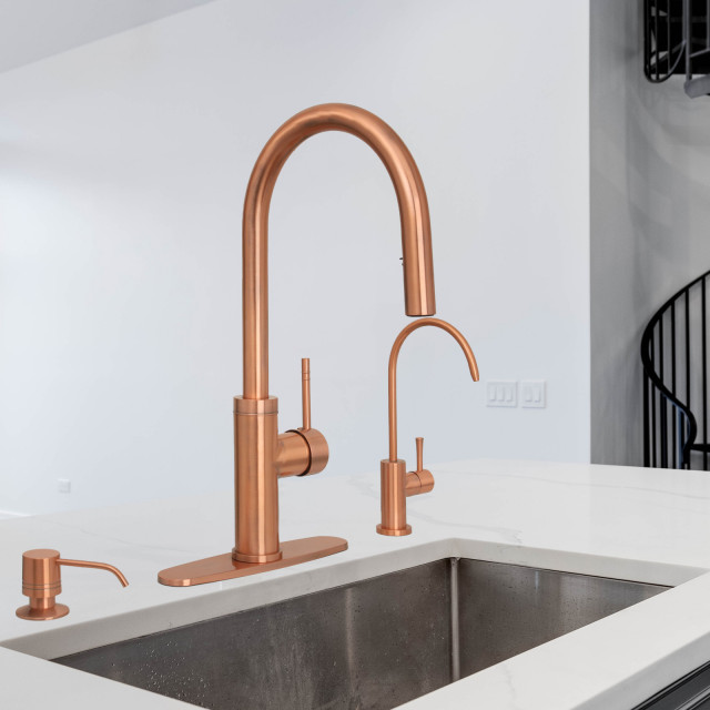 Akicon™ Copper Pull Out Kitchen Faucet With Deck Plate, Single Level ...