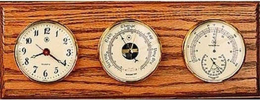 Brass Clock, Barometer and Thermometer/Hygrometer on Oak Weather ...