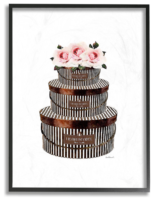 Brown Striped Hat Boxes with Pink Roses Framed Giclee Texturized Art ...