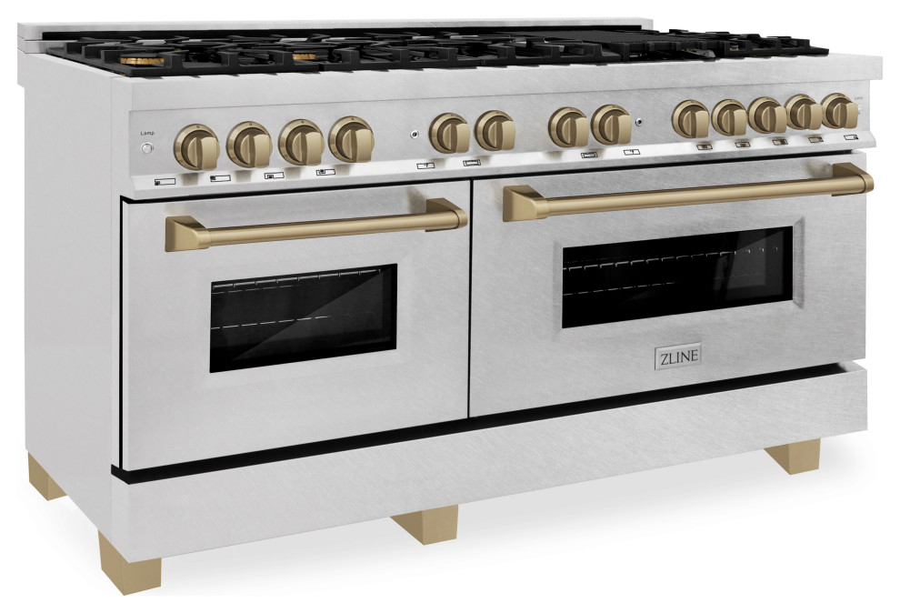 ZLINE 60" Dual Fuel Range, DuraSnow Steel With Champagne Bronze RASZ-SN ...