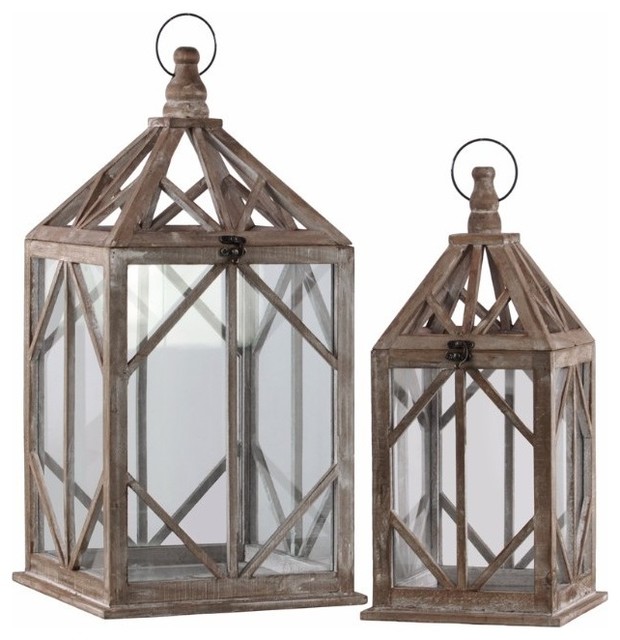Wood Square Lantern with Diamond Design Body, Set of Two, Brown ...