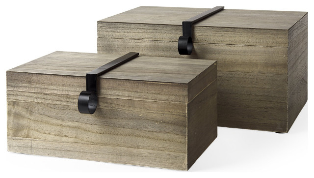 Set of Two Brown Wooden Boxes With Metal Detailing - Transitional ...
