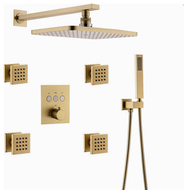 Fontana Creteil Brushed Gold Bathroom Thermostatic Button Shower System ...