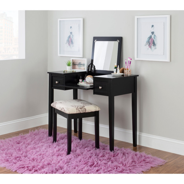Modern Vanity Set, Plush Padded Stool & Flip Up Mirror With Side ...