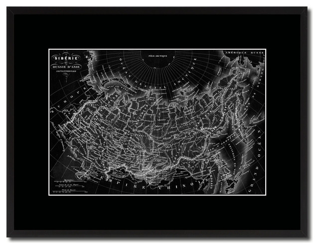 Siberia, Russia Monochrome Map Print On Canvas With Black Custom Frame ...