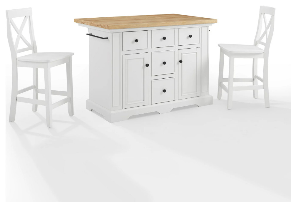 Transitional Spacious Kitchen Island With 2 Crossed Back Stools, White ...