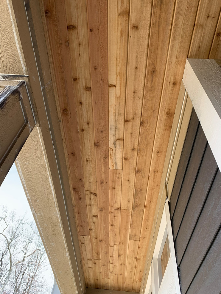 Builder installed porch ceiling before stain/seal.