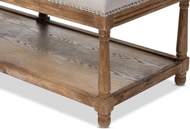 French Country Storage Bench, Carved Frame & Beige Linen Seat With ...