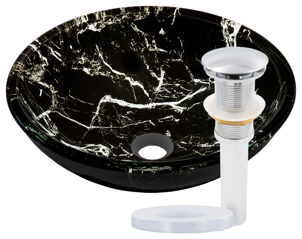 Pallina Black and White Faux Marble Glass Vessel Bathroom Sink and ...