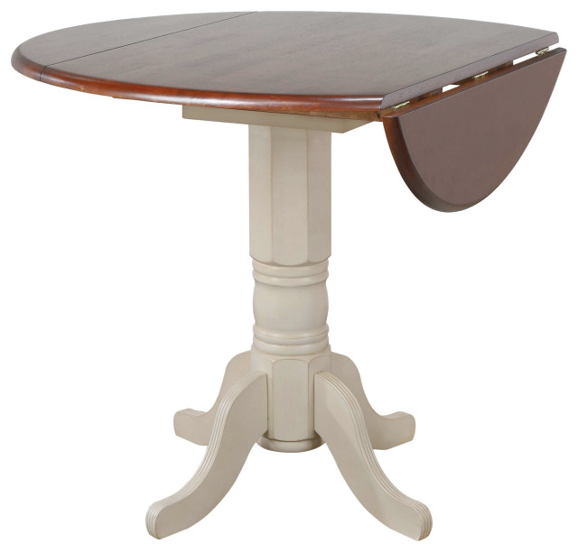 42" Round Extendable Drop Leaf Pub Table Antique White With Brown Top ...