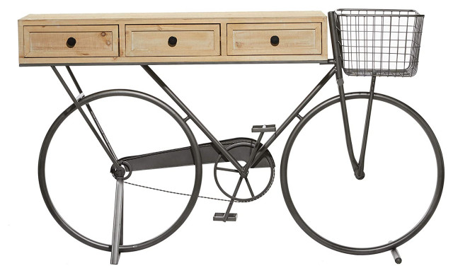 Farmhouse Console Table, Bicycle Design With 3 Drawers & Baskets, Black ...