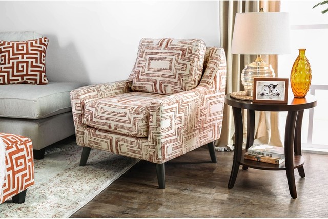 Printed Geo Patterned Sofa Arm Chair With Tapered Wooden Legs, Red and ...