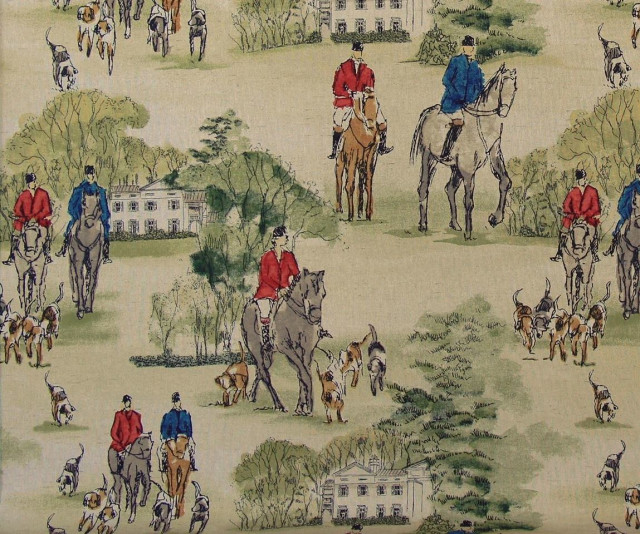 Horse hunt toile fabric red green equestrian home decorating material ...
