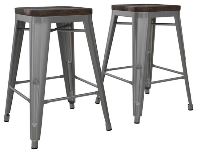 DHP Fusion 24" Metal Backless Counter Stool with Wood Seat in Silver ...