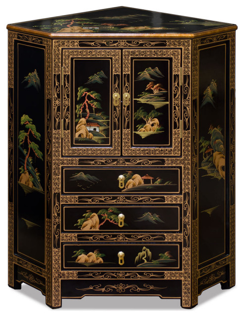 Black Lacquer Chinoiserie Landscape Oriental Corner Cabinet - Asian ...