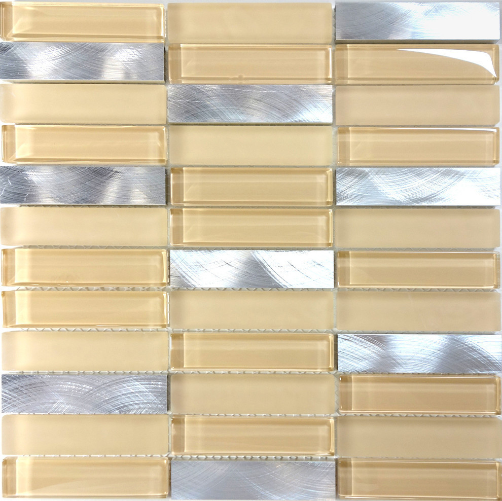Cream Beige Glass Aluminum Matt Glass Mosaic Tile Backsplash, 12"x12 ...