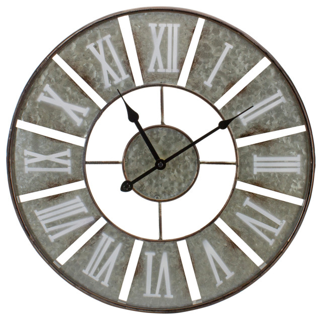 18" Round Galvanized Metal Roman Numeral Wall Clock - Farmhouse - Wall ...