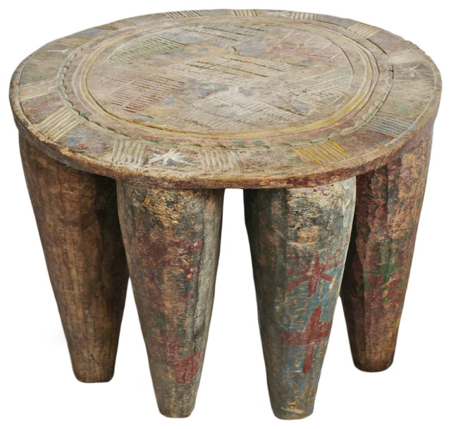 Consigned Vintage Painted Nupe Wood Stool - Rustic - Accent And Garden ...