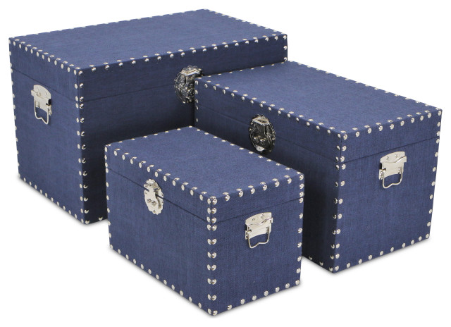 Navy Blue Linen Studded Trunk, Set of 2 - Transitional - Decorative ...