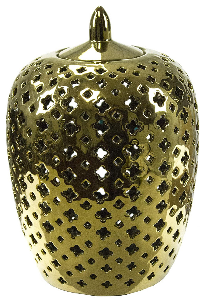 Ceramic Pierced Texture Covered Jar With Pointed Top Lid, Gold ...