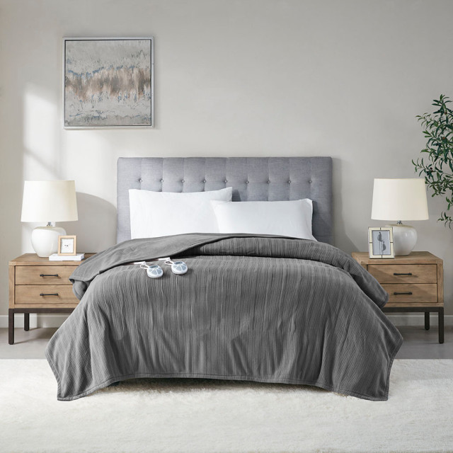 Serta Ribbed Micro Fleece Heated Blanket, Grey, Full - Transitional ...