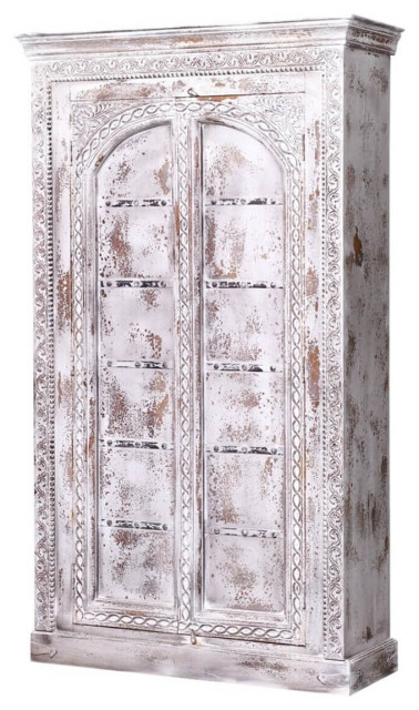 Satartia Hand Carved Solid Wood Distressed White Armoire With Shelves ...