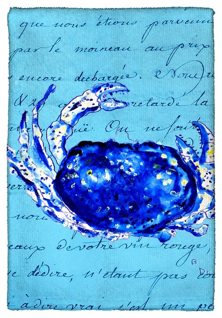 Blue Script Crab Kitchen Towel - Two Sets of Two (4 Total), 16 inches x ...