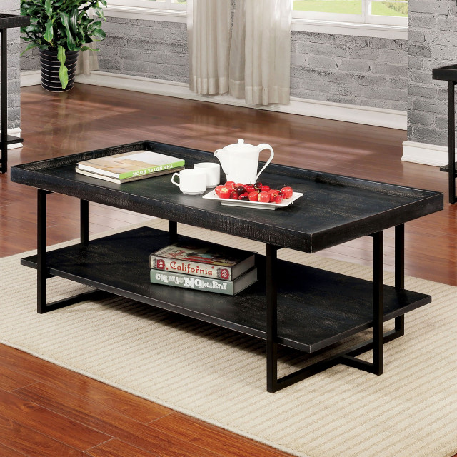 Black Industrial Coffee Table with Shelf and Sleek Metal Legs ...