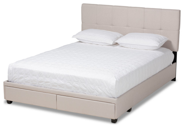 Anaiya Beige Fabric Upholstered 2-Drawer Queen Size Platform Storage ...