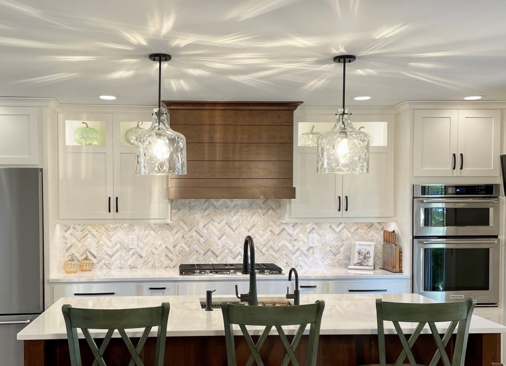 Cherry Finish and Ivory Painted Kitchen Design With Herringbone Wall ...