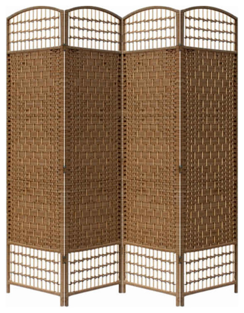 Wood and Paper Straw 4 Panel Screen with Nailhead Trim, Brown ...