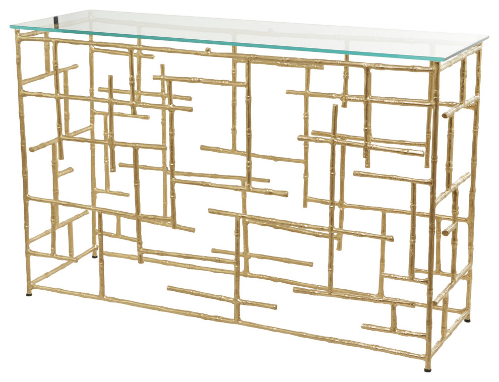 Contemporary Console Table, Unique Grid Shaped Gold Aluminum Base ...