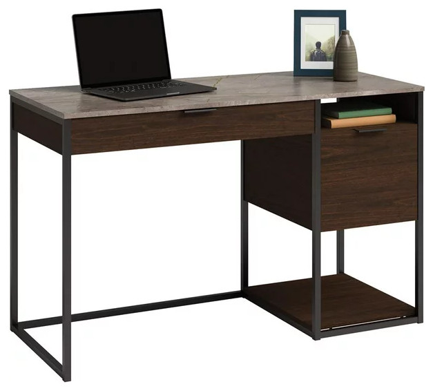 Modern Desk, Metal Frame With Faux Stone Top & Ample Storage Space ...