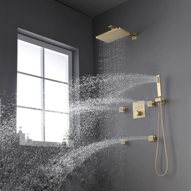 Fontana Creteil Brushed Gold Bathroom Thermostatic Button Shower System ...