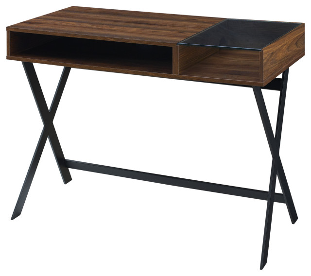 Contemporary Metal-X Leg Glass-Top Computer Desk With Cubby ...