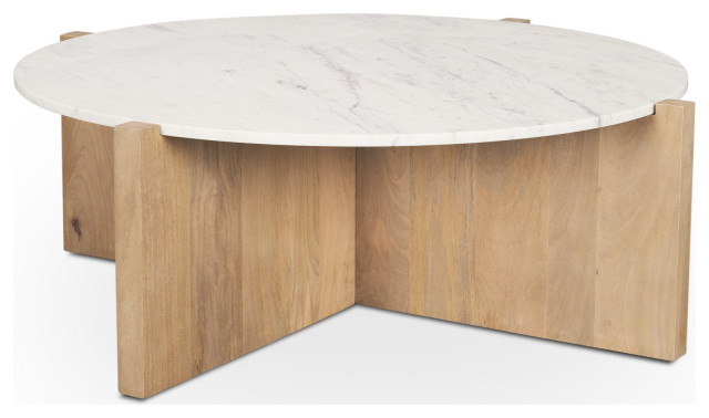 Bianca Light Brown Wood With Round Marble Top Coffee Table ...