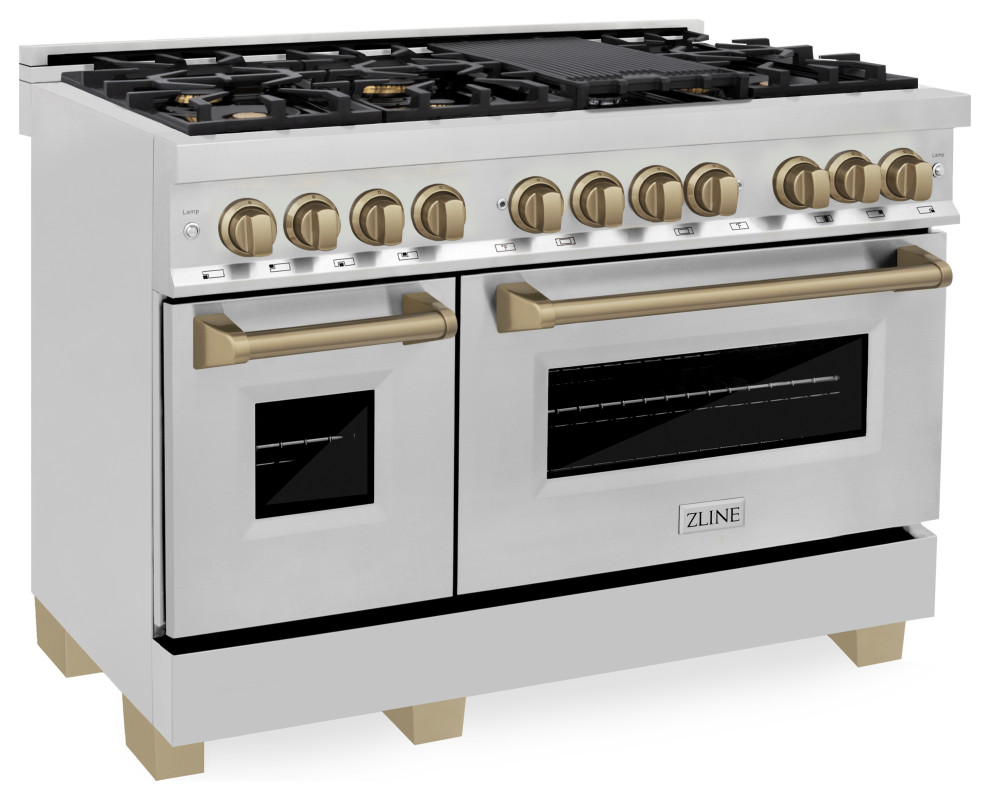 ZLINE 48" Dual Fuel Range, Stainless Steel With Champagne Bronze RAZ-48 ...