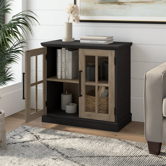 Bowery Hill 32W Storage Cabinet with Glass Doors in Black - Engineered ...