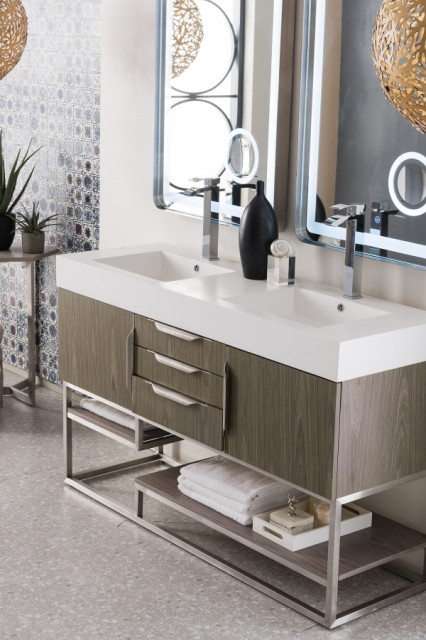 59 Inch Ash Gray Double Sink Bathroom Vanity Brushed Nickel Base, James ...