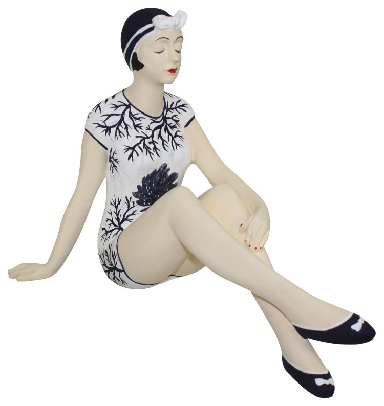 Retro Bathing Beauty Figurine Statue 1920s Swim Suit Woman Navy White