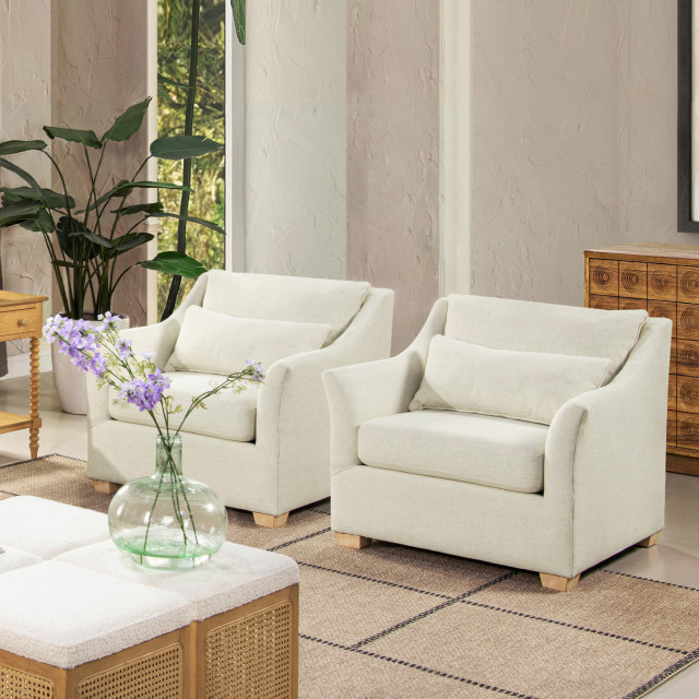 Ada 38" Flared Arm Contemporary Armchair with Lumbar Pillow, Flax White ...