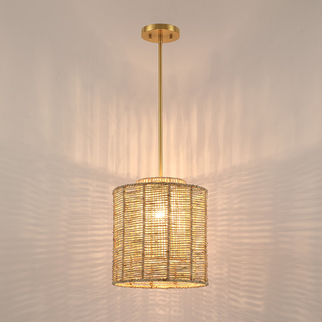 12" W 1-Light Brass Bohemian Pendant Light With Natural Abaca Woven ...