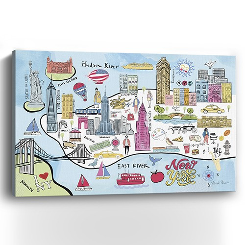 36" Fun Illustrated NYC Map Canvas Wall Art - Contemporary - Prints And ...